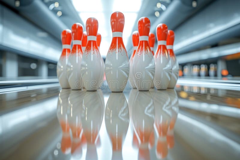 Row of Bowling Pins on Reflective Surface, Ideal for Sports and Leisure ...