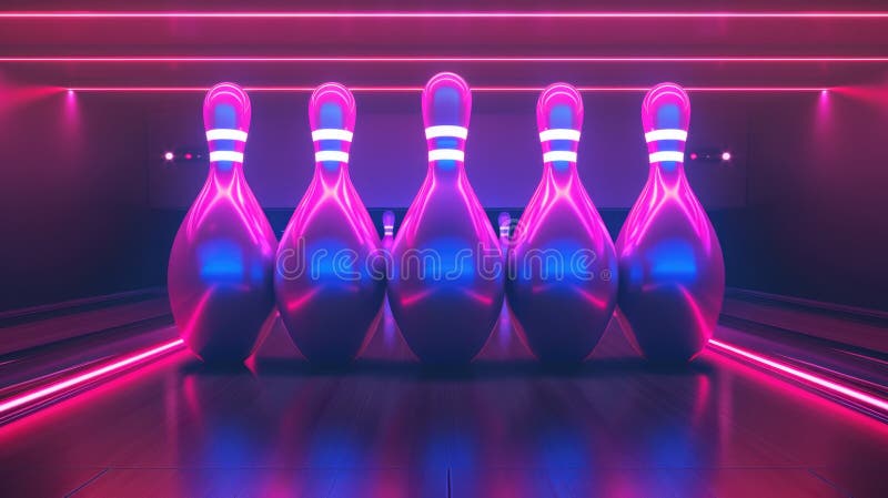 A Row of Bowling Pins Set Up on the Lanes in a Bowling Alley Stock ...
