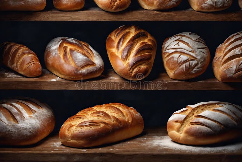A Row of Bread Loaves on Shelf, with Some of Them Having a White Powder ...