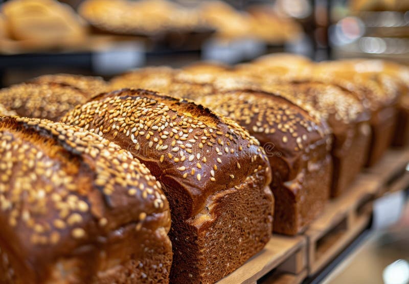 Row of Breads on Bakery Shelf Stock Photo - Image of goods, store ...