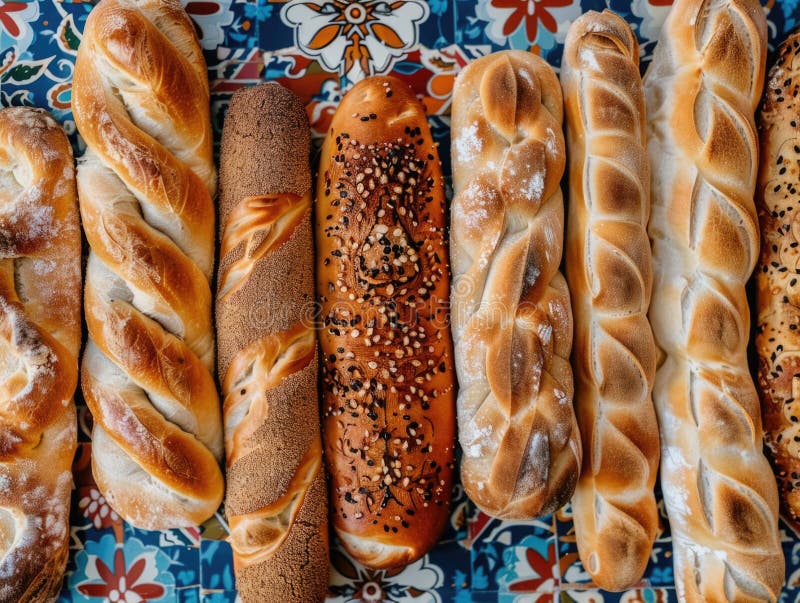 A Row of Breads with Different Toppings and Shapes Stock Photo - Image ...