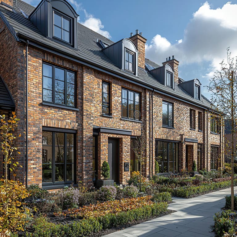 Row of Brick Houses with Black Window Frames and a Paved Walkway in ...