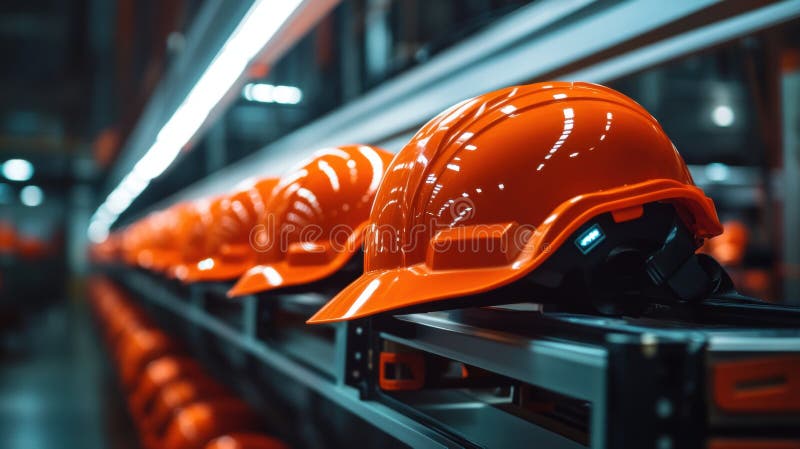 Row of Bright Orange Safety Helmets on Metal Racks Stock Illustration ...