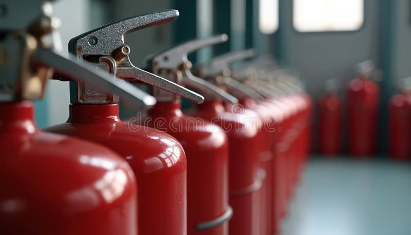 Row of Bright Red Fire Extinguishers Stands Ready for Emergency Use ...