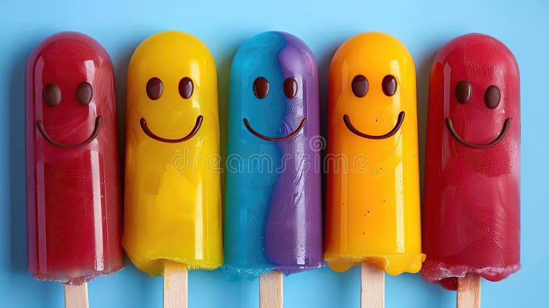 Row of Bright, Smiley Ice Pops on a Blue Background. Stock Photo ...