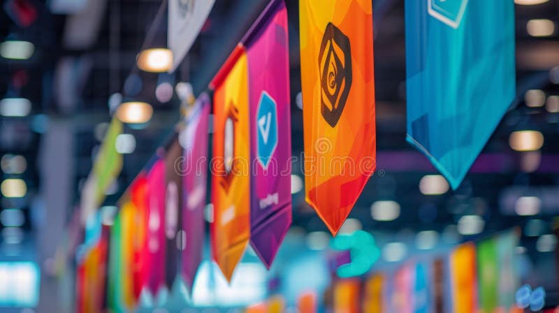 A Row of Brightly Colored Banners Hanging from the Ceiling Displaying ...