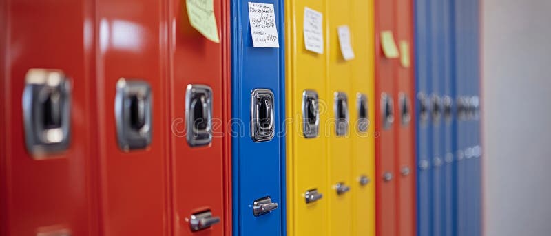 A Row of Brightly Colored Lockers in a School Hallway Features Several ...