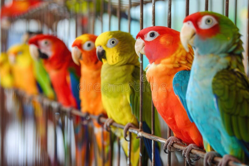 A Row of Brightly Colored Parrots, Displaying an Array of Feathers ...