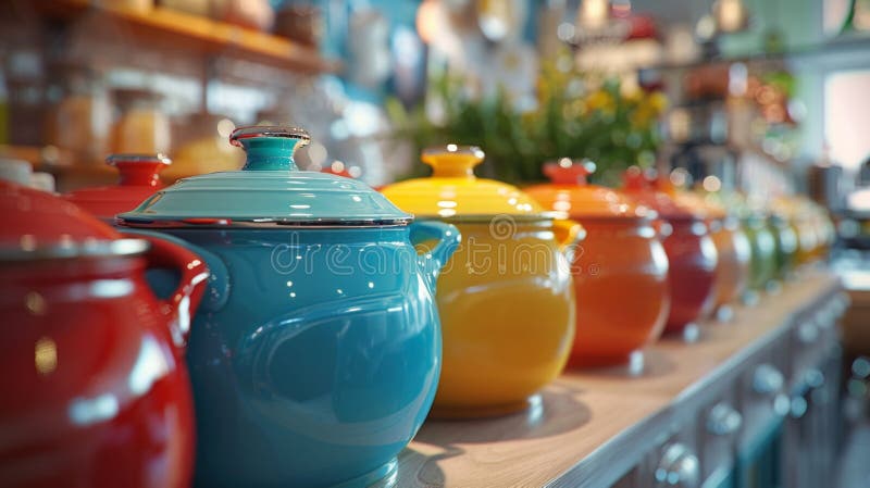 Row of Brightly Colored Pots with Lids Sit on a Kitchen Shelf, Ready ...