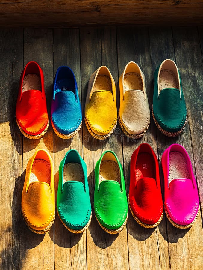 A Row of Brightly Colored Shoes Lined Up on a Wooden Floor Stock Image ...
