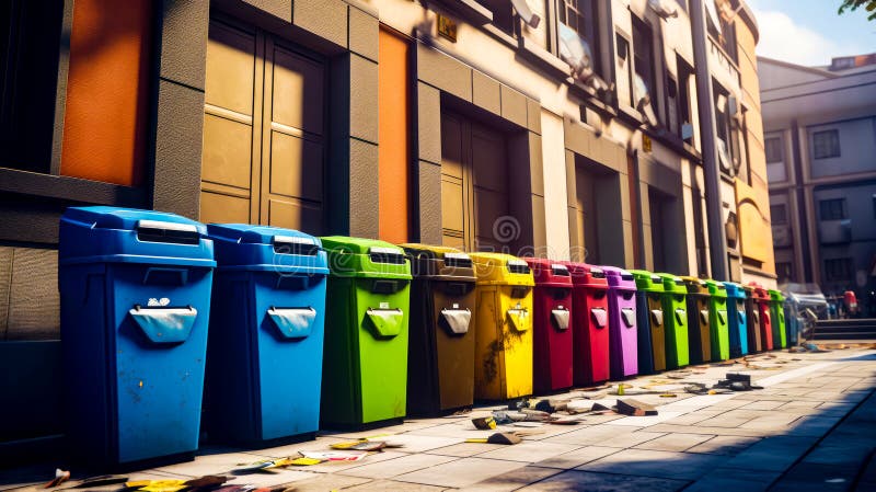 Row of Brightly Colored Trash Cans Sitting on the Side of Building ...