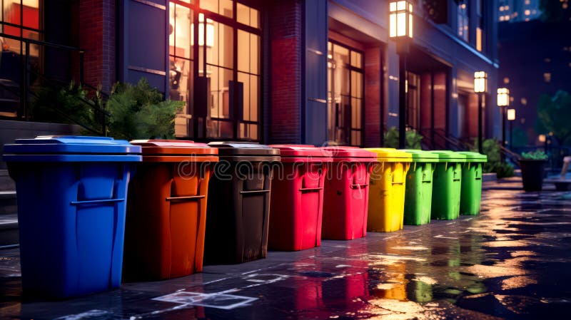 Row of Brightly Colored Trash Cans Sitting on the Side of Street ...