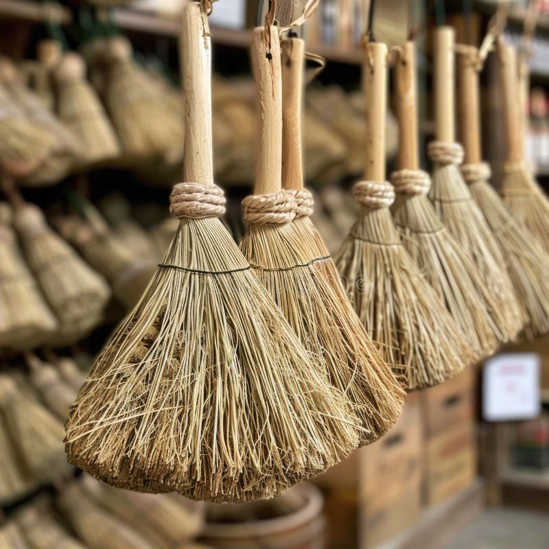 A Row of Brooms Hanging from the Ceiling of a Store Stock Photo - Image ...