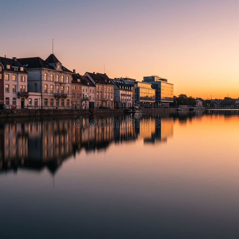 Row of Buildings Along a Calm Waterfront with Their Reflections ...