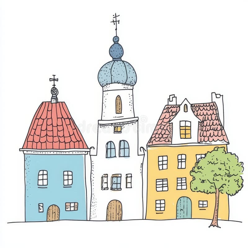 A Row of Buildings is Depicted with a Tree Positioned in the Foreground ...