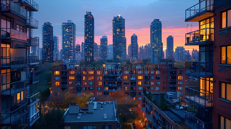 Row of Buildings with an Urban Skyline in the Distance, AI-generated ...