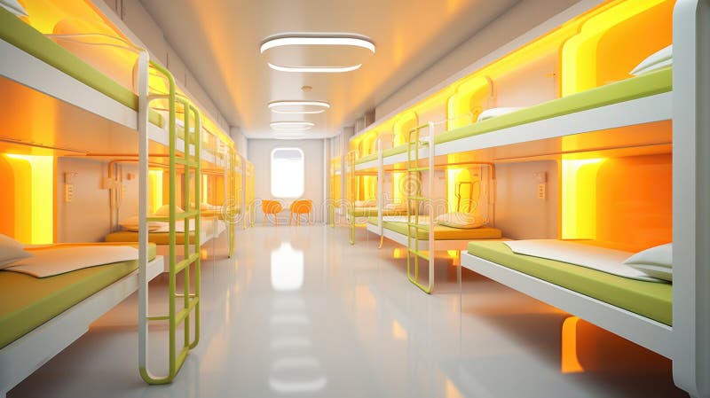 A Row of Bunk Beds in a Brightly Lit Room, Hostel Interior. Stock ...
