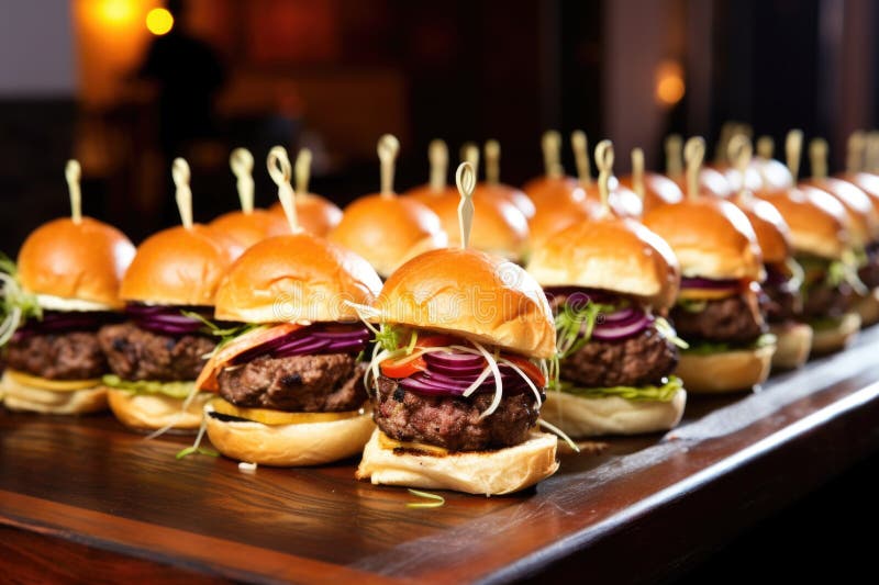 Row of Burgers Ready To Be Served at a Party Stock Image - Image of ...