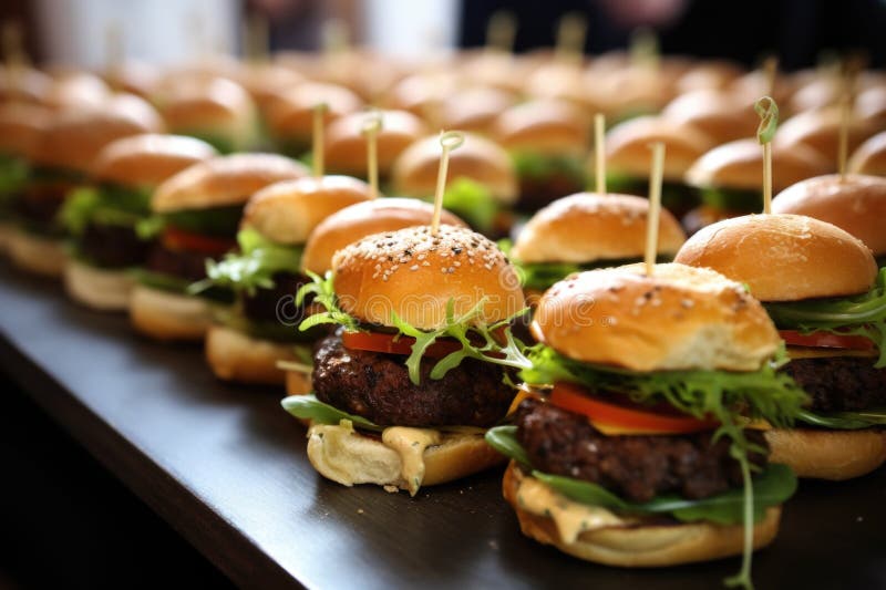 Row of Burgers Ready To Be Served at a Party Stock Photo - Image of ...