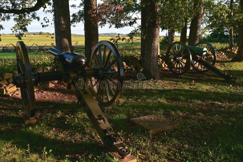A Row of Cannons Overlooking Field with Shadows Cast on the Ground ...