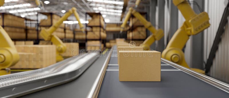 A Row of Cardboard Boxes is on a Conveyor Belt in a Modern Distribution ...