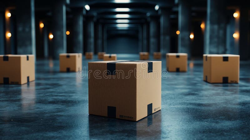 A Row of Cardboard Boxes in a Dark Room Stock Illustration ...