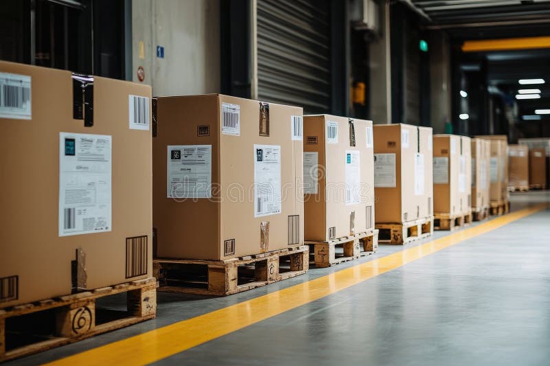 A Row of Cardboard Boxes are Stacked on Pallets in a Warehouse ...