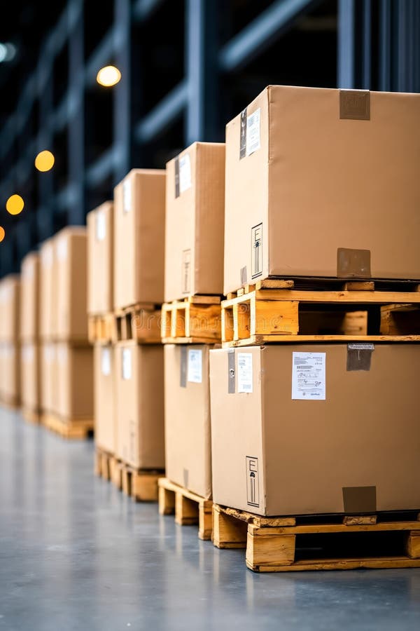A Row of Cardboard Boxes Stacked on Wooden Pallets in a Warehouse Stock ...