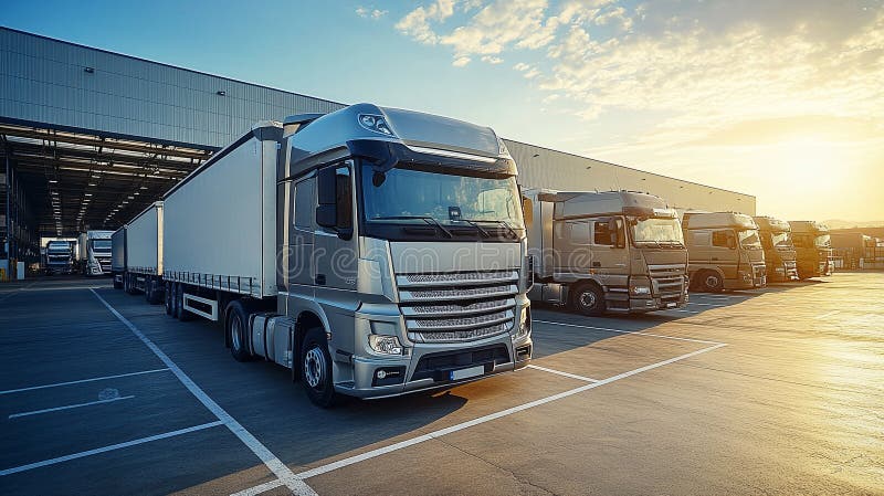 Row of Cargo Trucks Ready for Loading at a Logistics Center ...