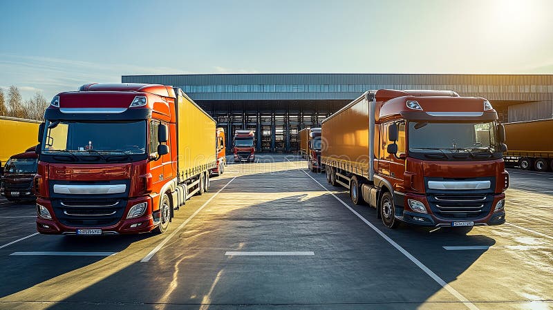 Row of Cargo Trucks Ready for Loading at a Logistics Center ...