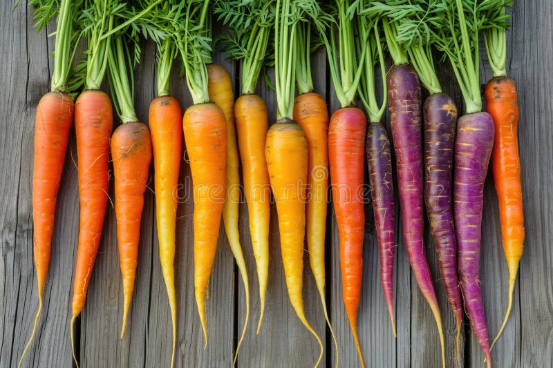 A Row of Carrots of Different Colors are Displayed on a Wooden Table ...