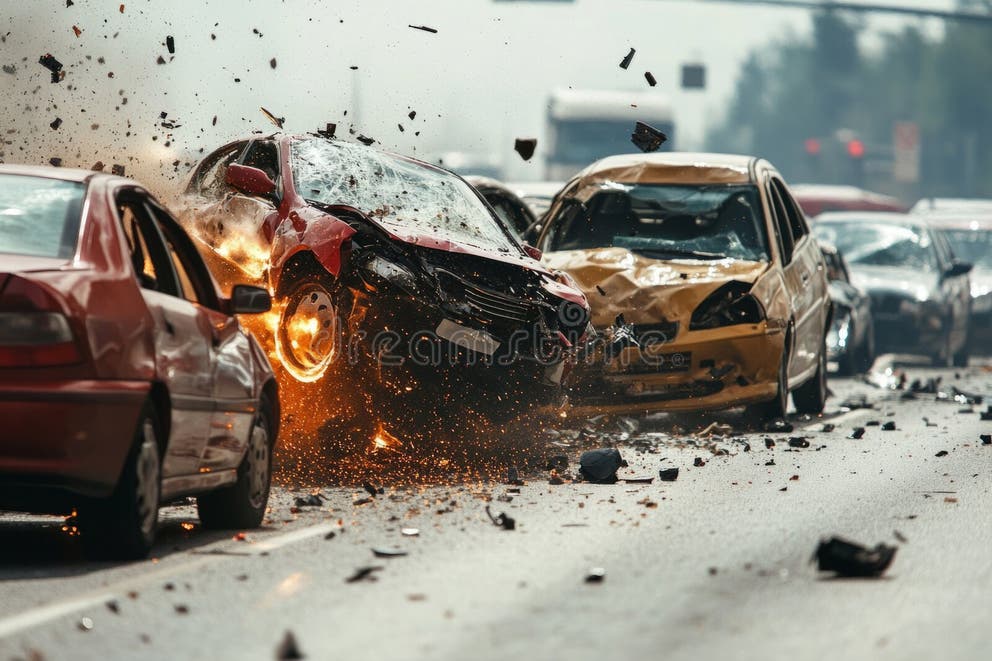 Row of Cars Crashing and Exploding Creating Sparks and Debris on a Road ...
