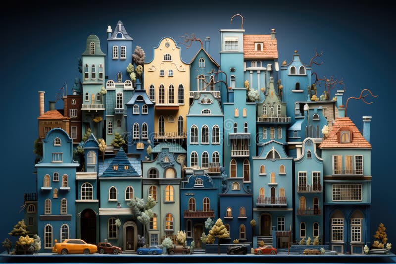 Row of Cartoon Miniature House Models Extreme Closeup. Generative AI ...