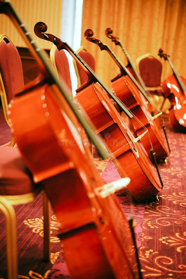 Row of cellos in a room stock image. Image of repetition - 261124837