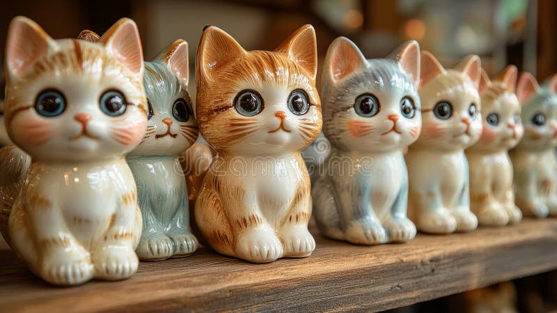 Row of Ceramic Cat Figurines on a Wooden Shelf. Stock Photo - Image of ...