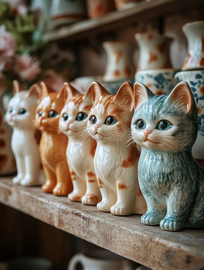 Row of Ceramic Cat Figurines on a Wooden Shelf. Stock Image - Image of ...