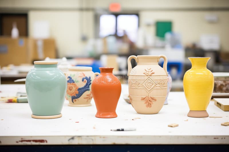 Row of Ceramic Pottery in Various Stages of Completion Stock Image ...