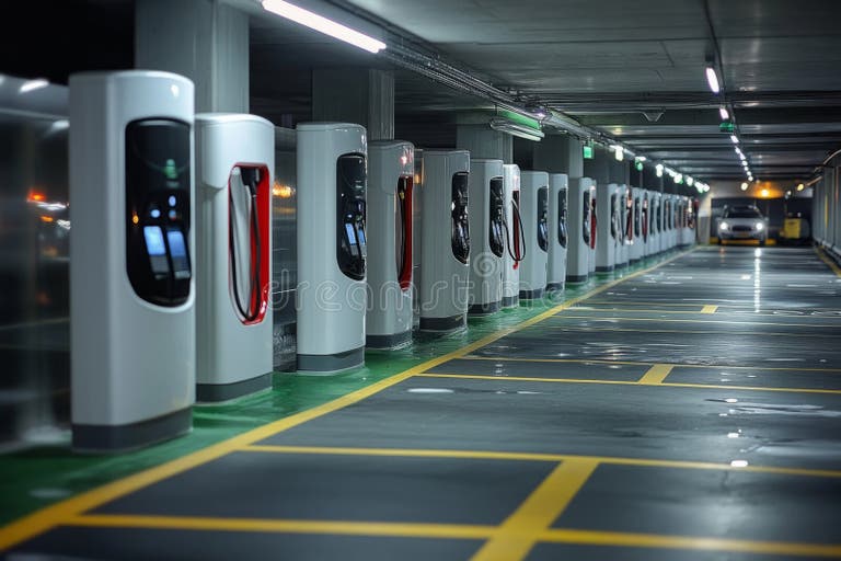 Row of Charging Stations in a Dimly Lit Underground Parking Area Stock ...
