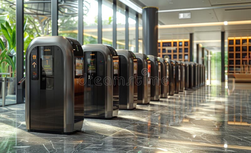 The Row of Check-in Machines in the Hotel Lobby. a Modern Black Digital ...