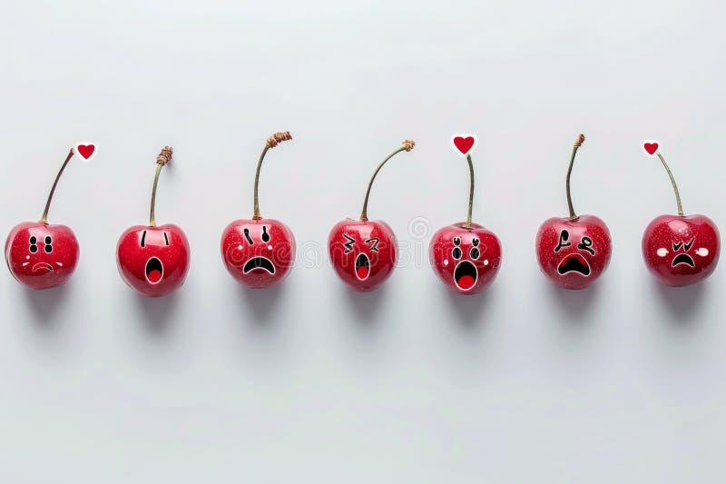 A Row of Cherries with Different Expressions Stock Photo - Image of ...