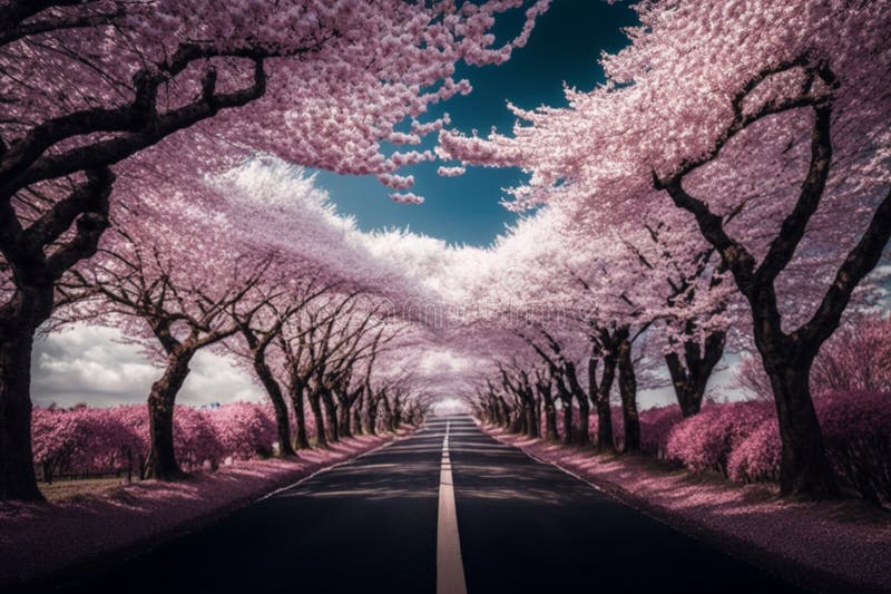 Row of Cherry Blossom Trees in Full Bloom and Tree-lined Road Stock ...