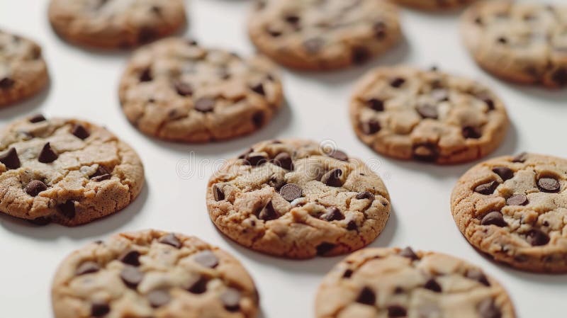 Row Chocolate Chip Cookies White Background All Same Size Shape Stock ...
