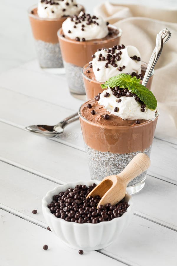 A Row of Chocolate Mousse Chia Pudding Cups Topped with Chocolate ...