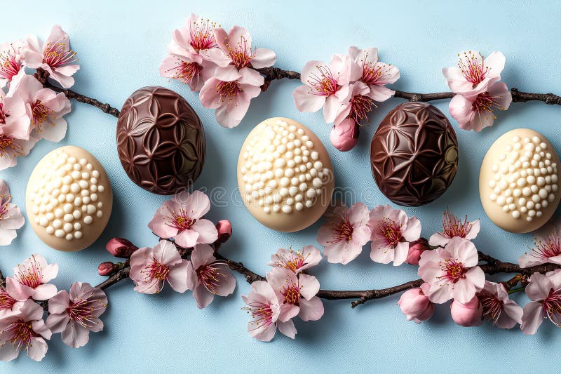 Row of Chocolate Truffles are Arranged on a Blue Background with Pink ...