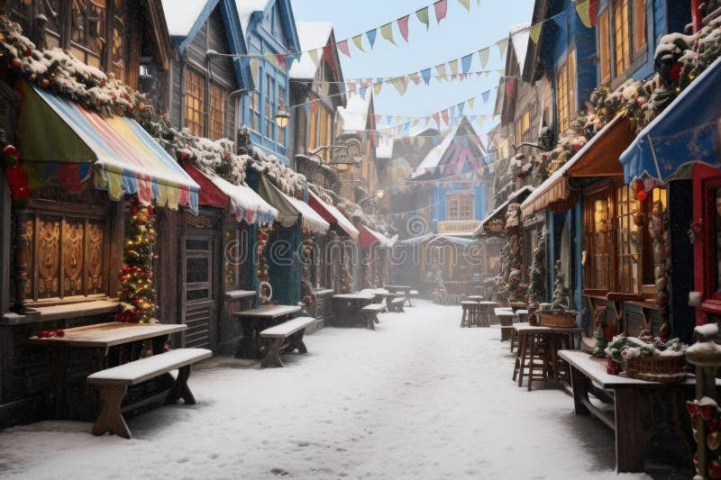 A Row of Christmas Market Stalls Covered in Snow Stock Illustration ...
