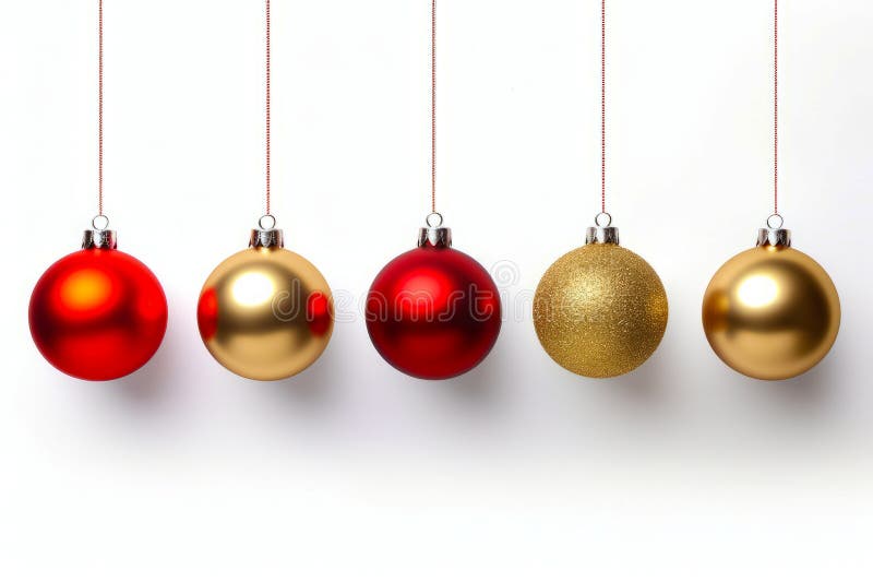 Row of Christmas Ornaments Hanging from Strings on White Wall ...