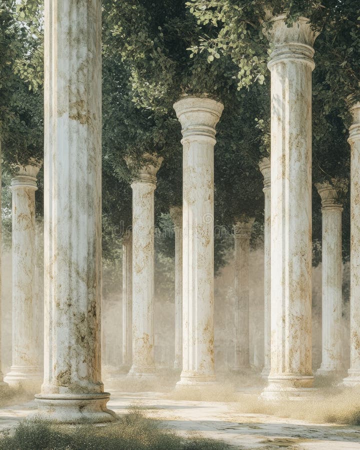 Row of Classical Marble Columns Beneath a Green Leafy Canopy with Filtered Sunlight Stock ...