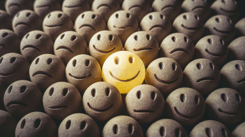 Row of Clay Faces with One Yellow Smiley Face in Center Stock ...
