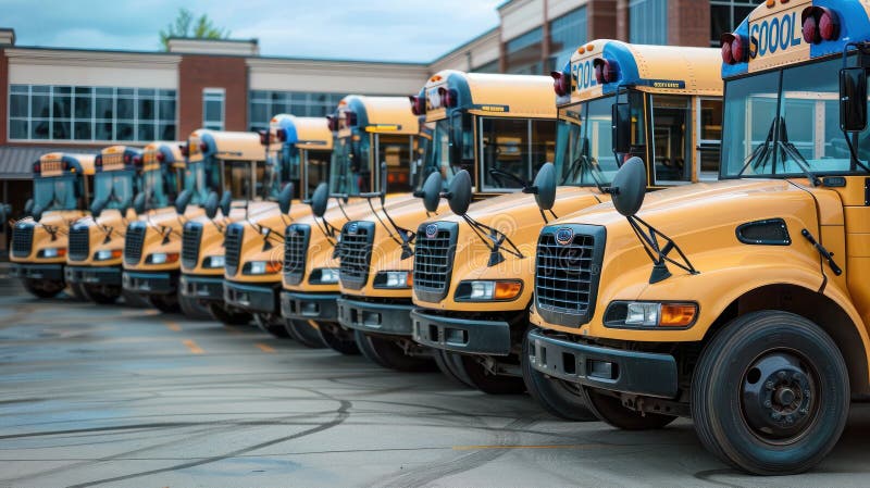A Row of Clean, Empty School Buses Parked Outside the School Building ...