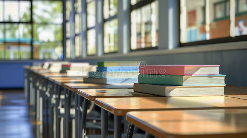 A Row of Clean, Empty School Desks with Books Neatly Stacked on Top ...